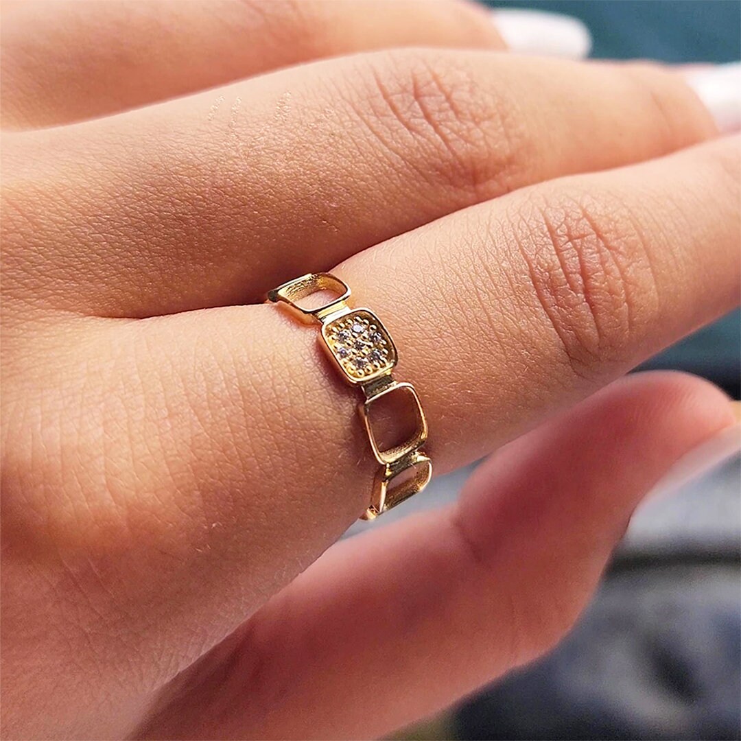14K Gold Ring, Thick Square Shaped Ring, Zircon Stone Ring, Open Square ...