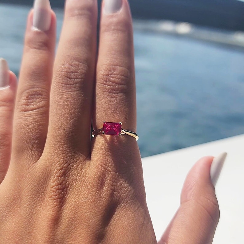 14K Solid Gold Women Solitaire Ruby Ring, Ruby Dainty Baguette Stacking ...
