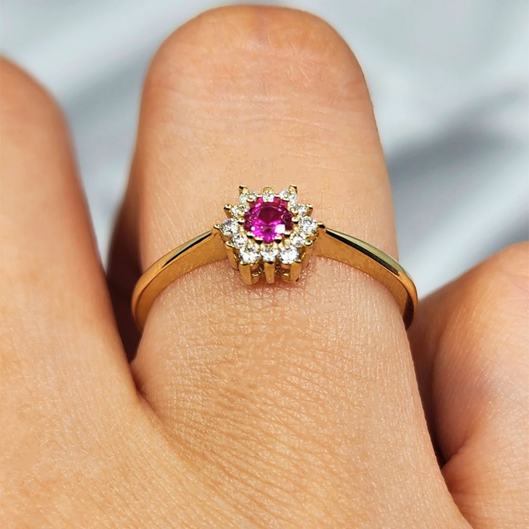 14K Solid Gold Ruby Birth Flower Ring: Dainty Floral Promise Ring - Etsy