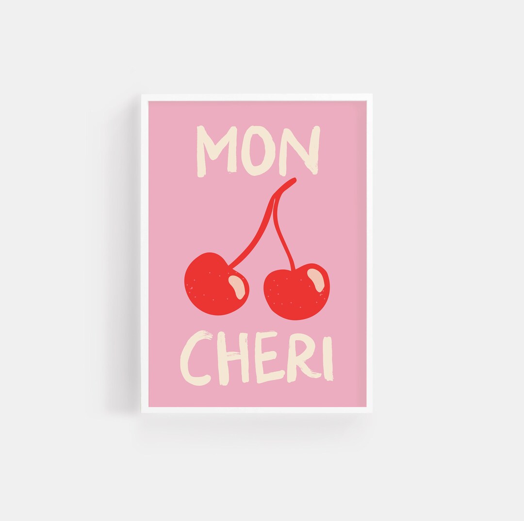 MON CHERI Cherry Cherries Poster Preppy Print Girls Room French Chic ...