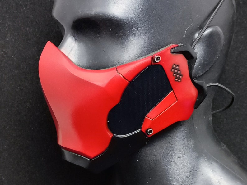Red Ronin Cyberpunk Mask Half Face Mask, Red Oni, Battle Damaged ...