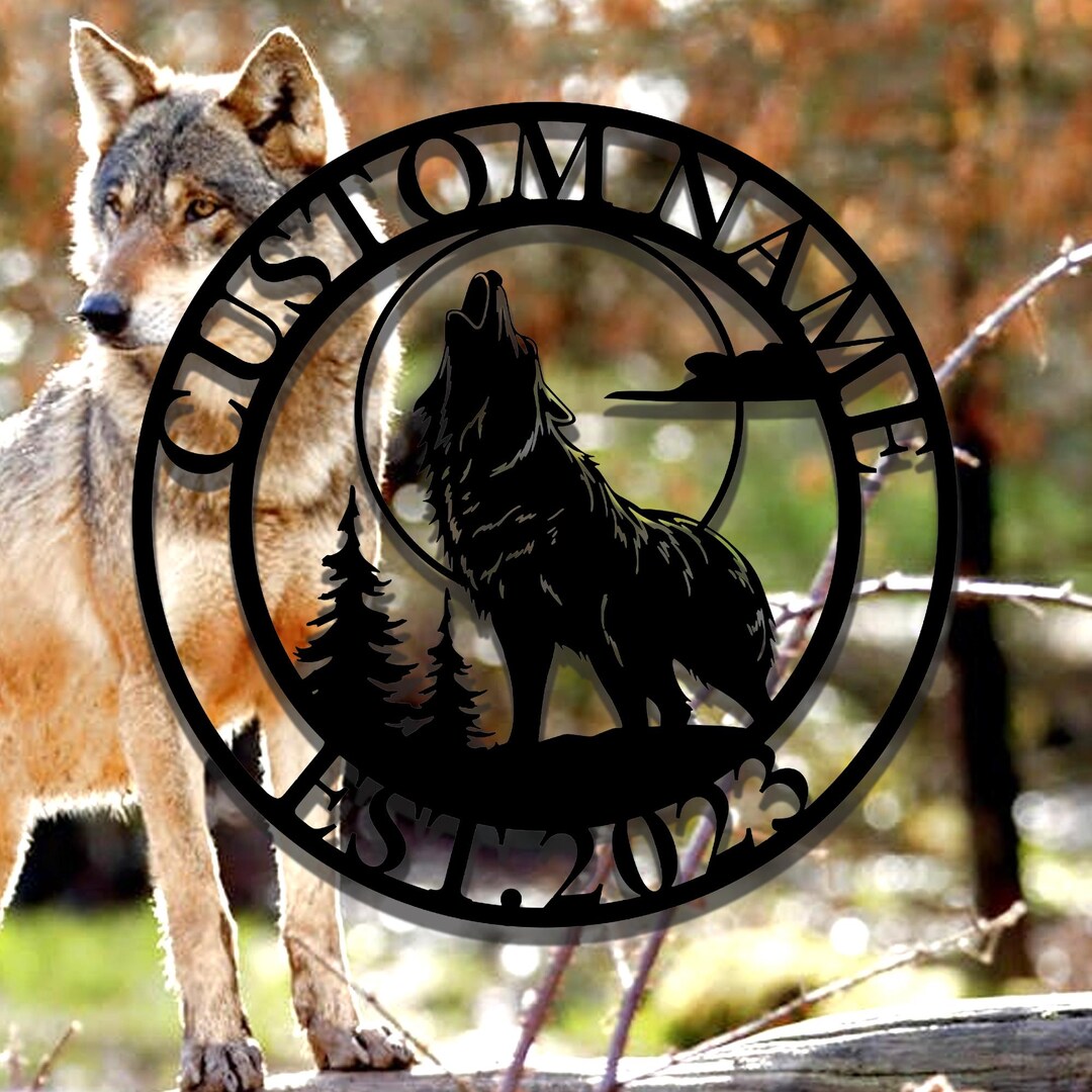 Custom Mountain Tree Moon Wolf Metal Wall Art Sign, Personalized ...