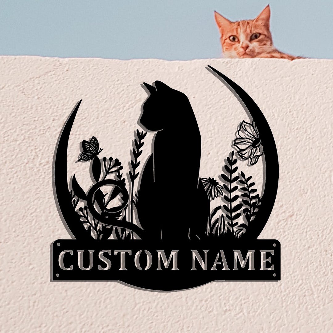 Personalized Flowers Moon Cat Metal Sign, Custom Cat Name Wall Sign ...