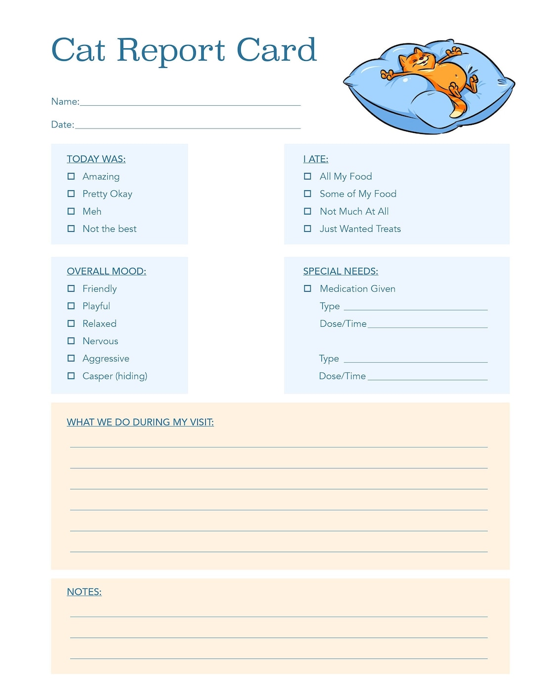 Cat Sitter Report Card -- Pet Report Card -- Report Cards -- Pet Sitter ...