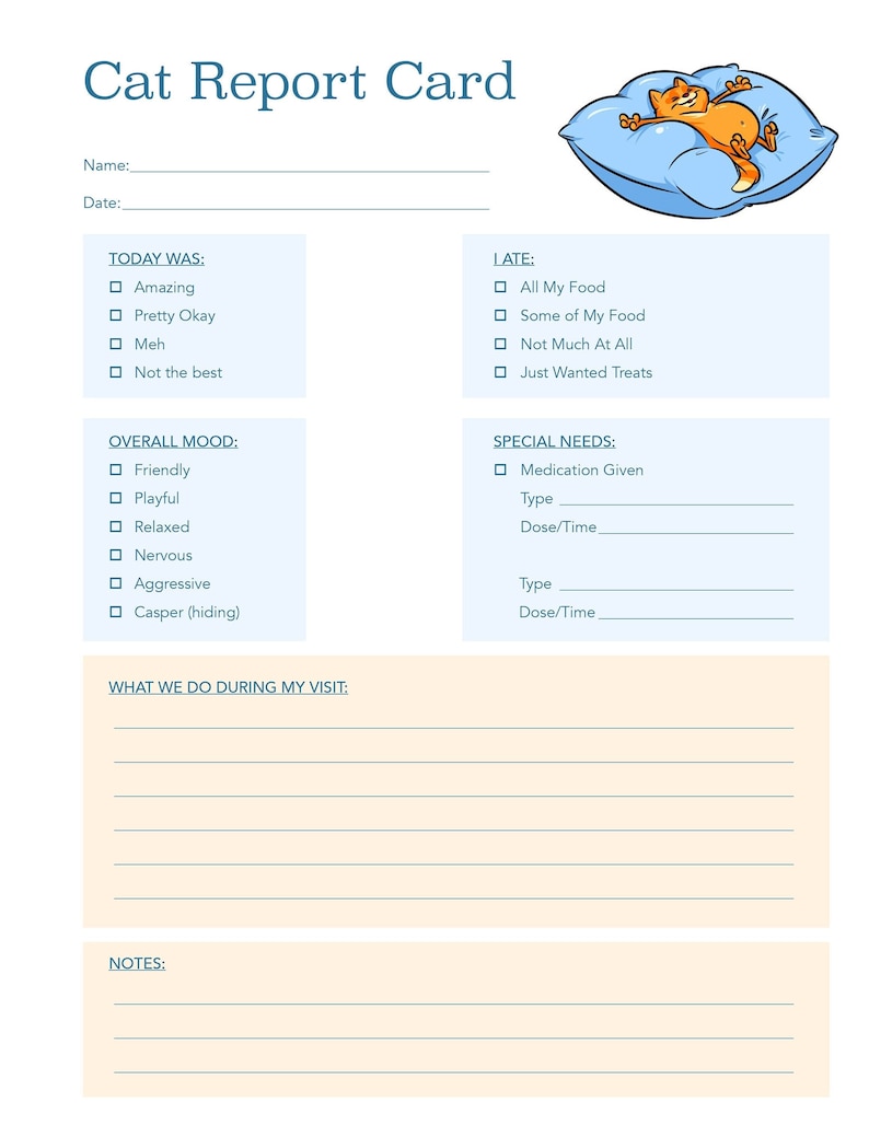 Cat Sitter Report Card – Pet Care Notes (digital Download) - Etsy