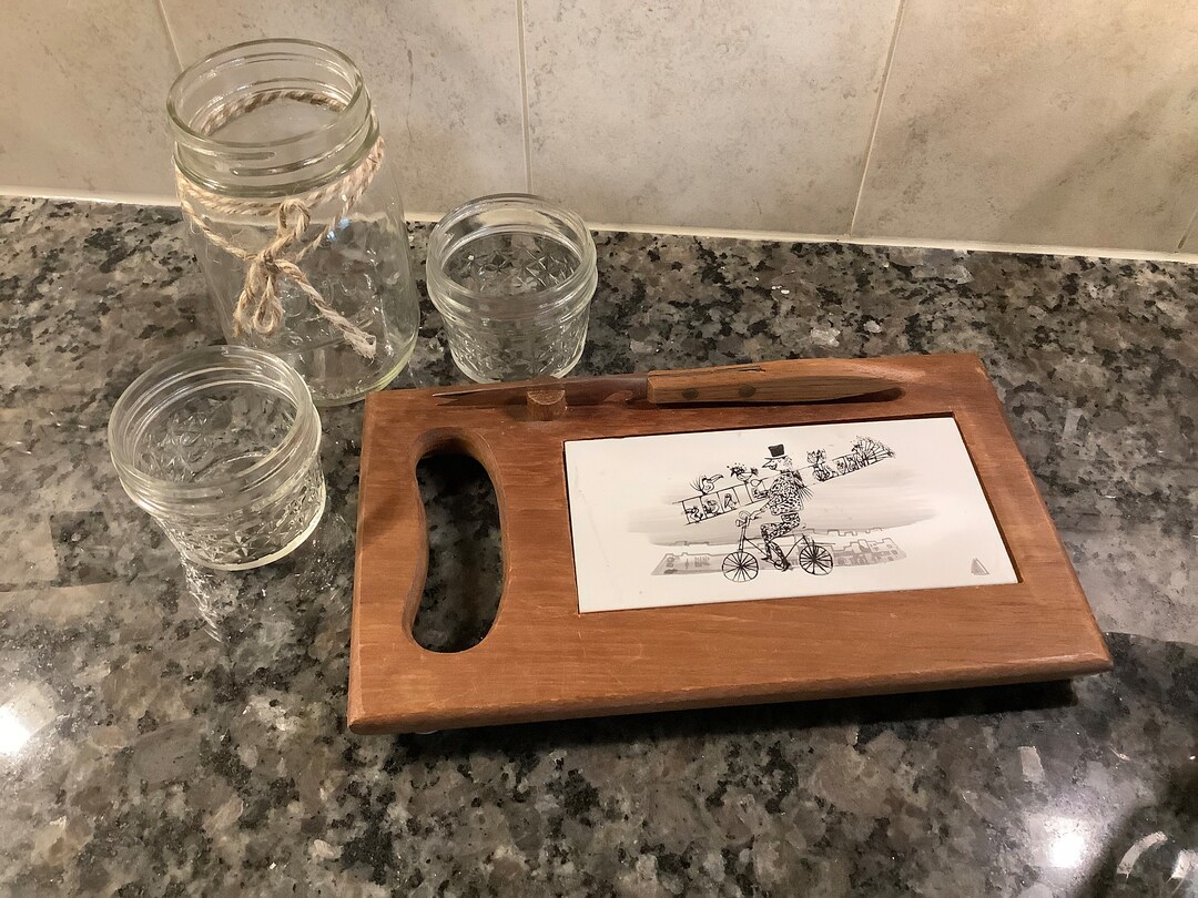 Vintage Wood and Tile Cheese Board With Serving Knife - Cutout for ...