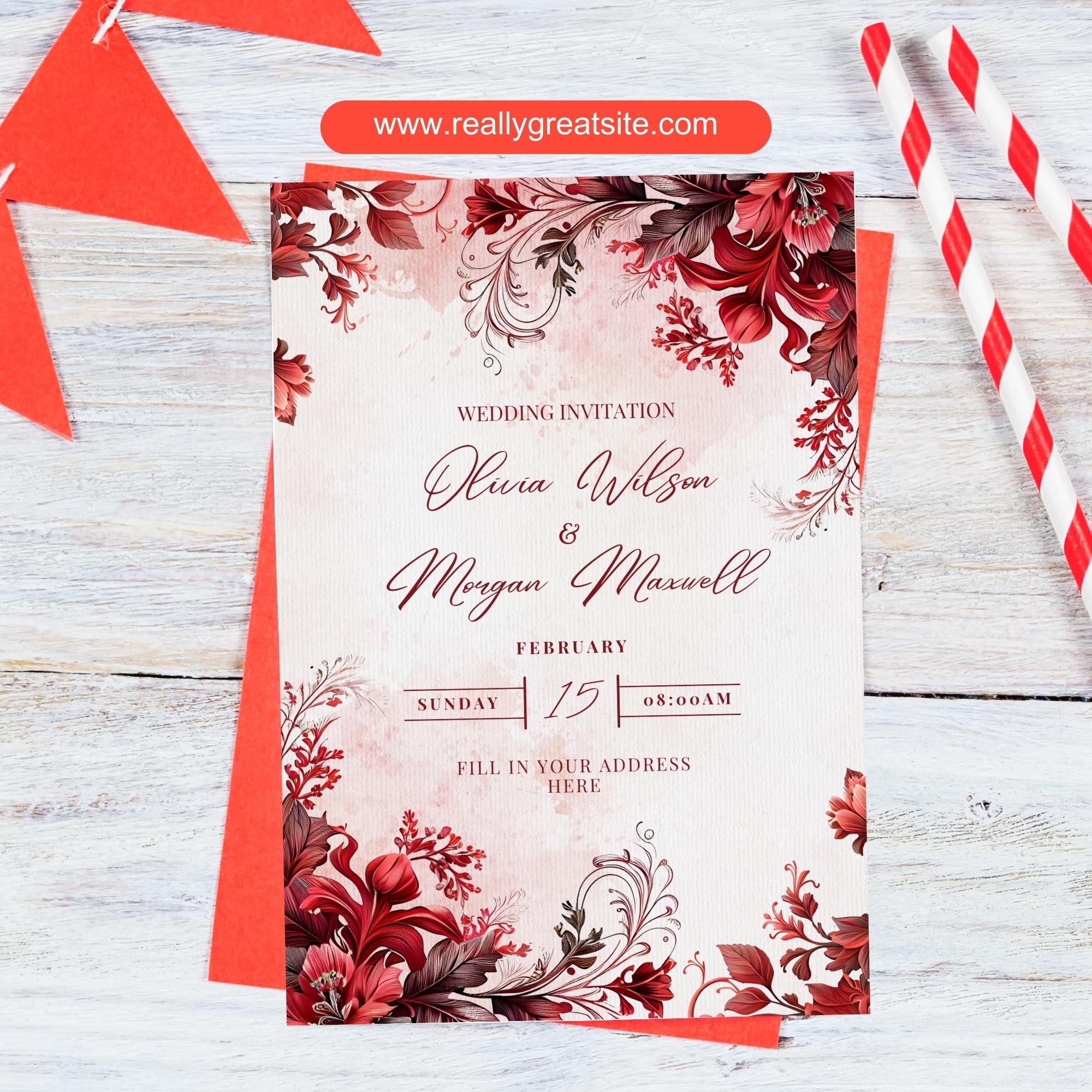 Red Rose Wedding Invitation Set Editable Template With RSVP Details ...