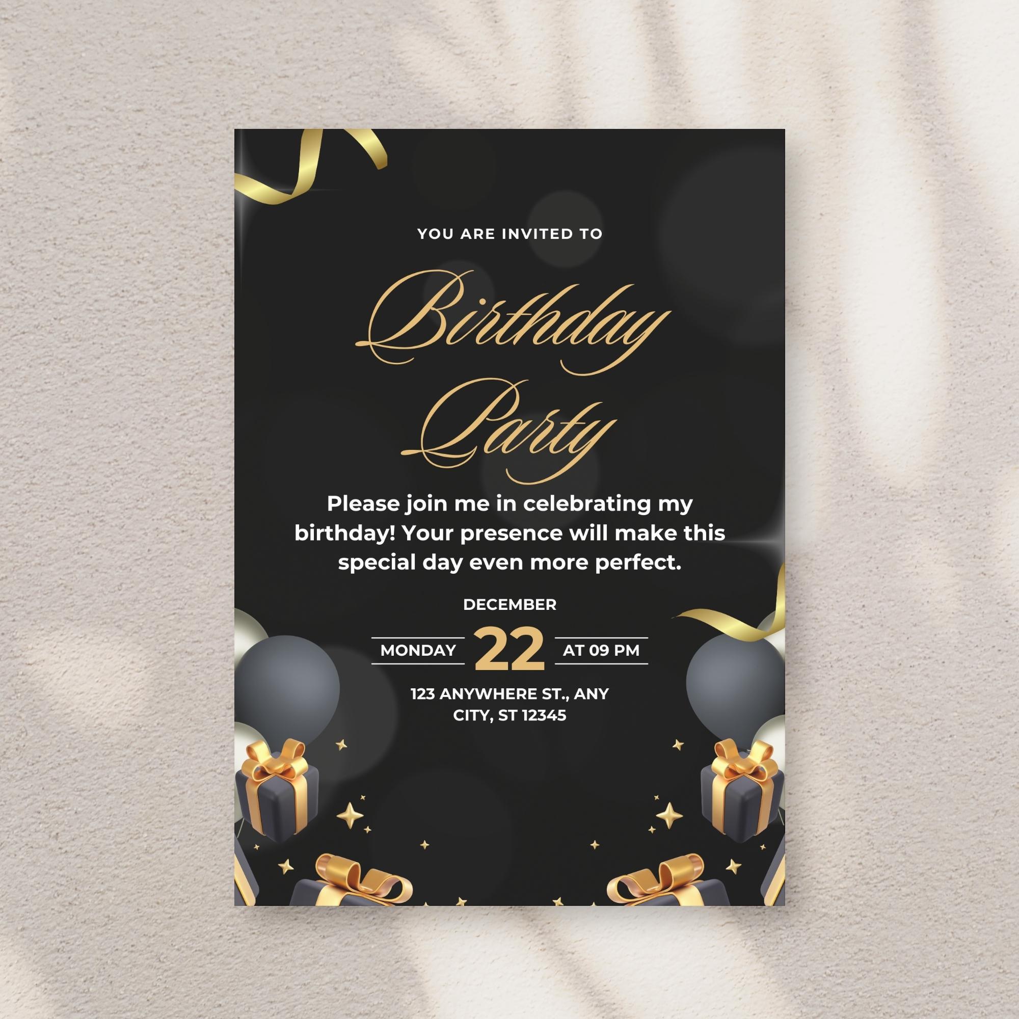 Editable Black Birthday Party Invitation Unique Hand-drawn Design ...