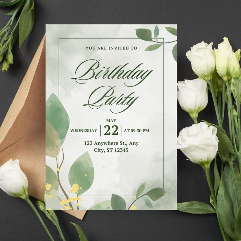 Green Watercolour Birthday Invitation Template - GOLD FOIL - Printable ...