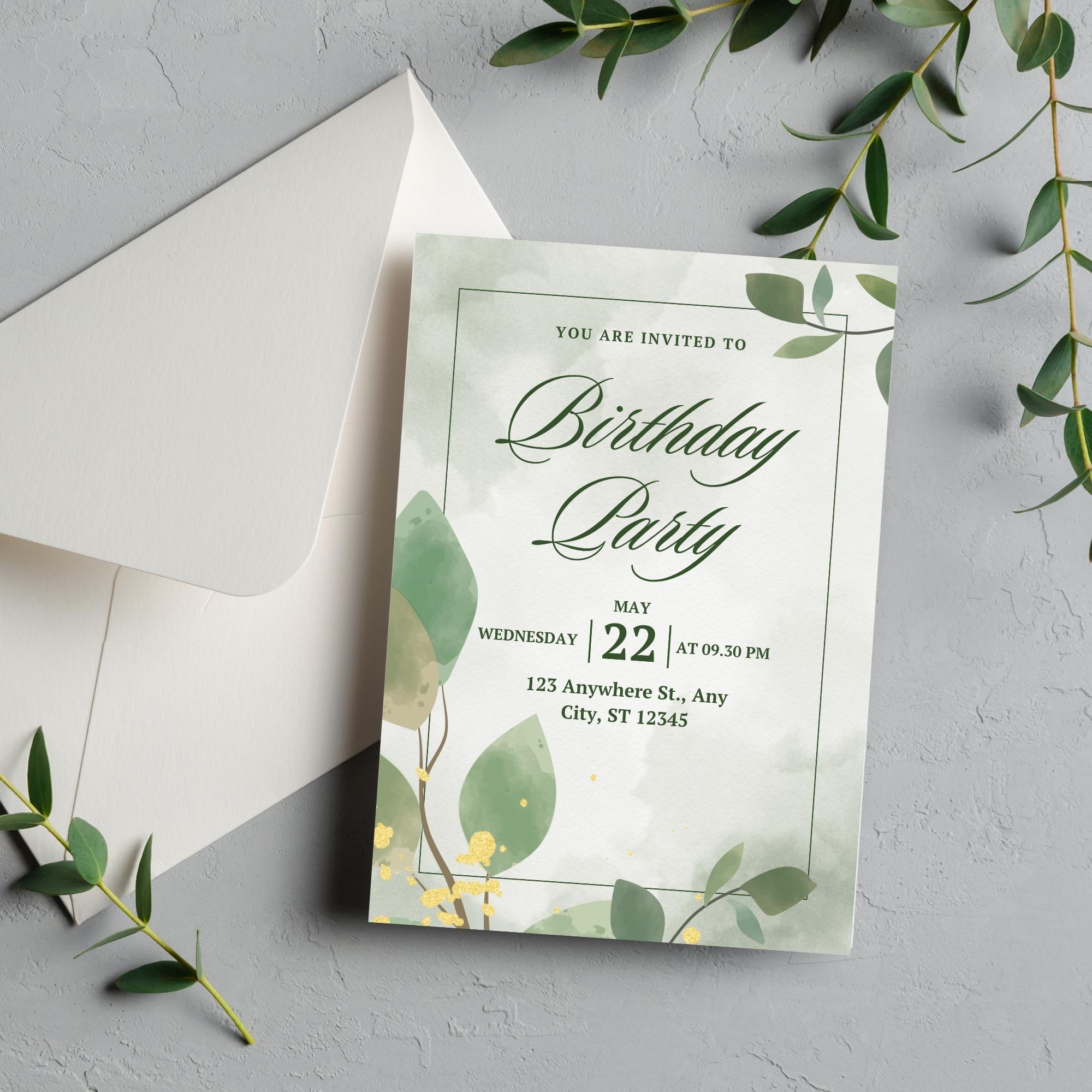 Green Watercolour Birthday Invitation Template - GOLD FOIL - Printable ...