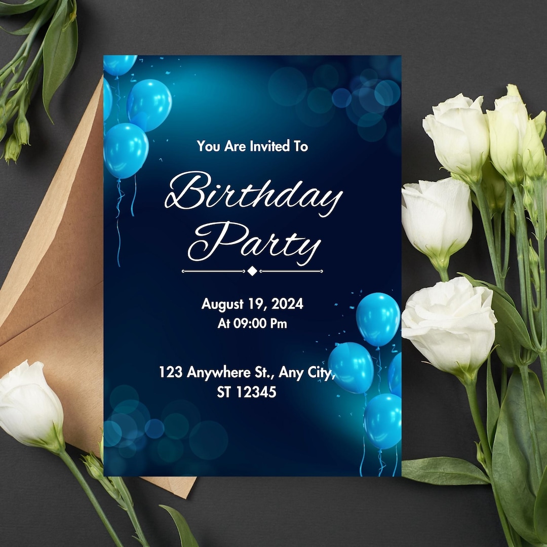 Editable Dark Blue Birthday Invitation Elegant Printable Digital ...