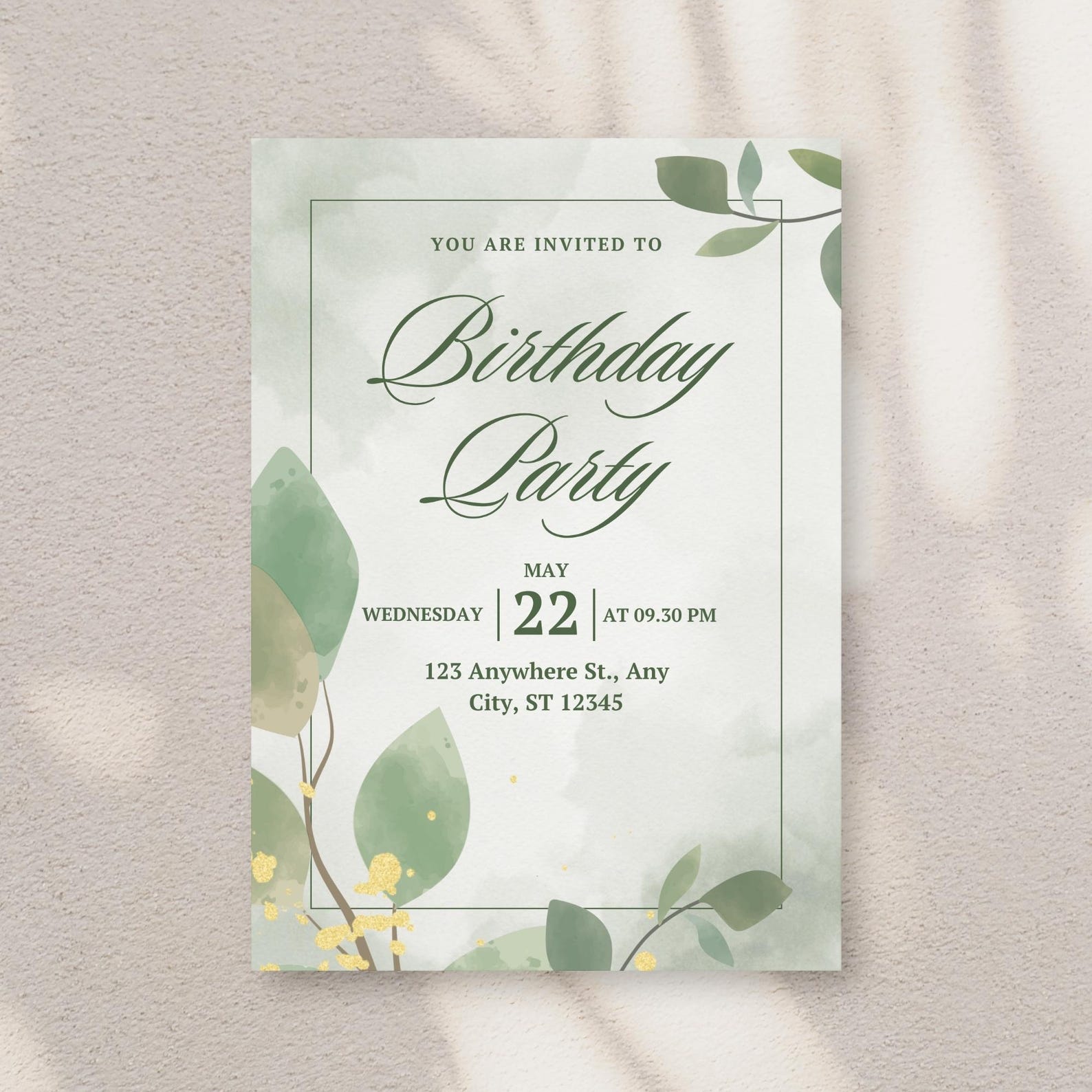 Green Watercolour Birthday Invitation Template - GOLD FOIL - Printable ...
