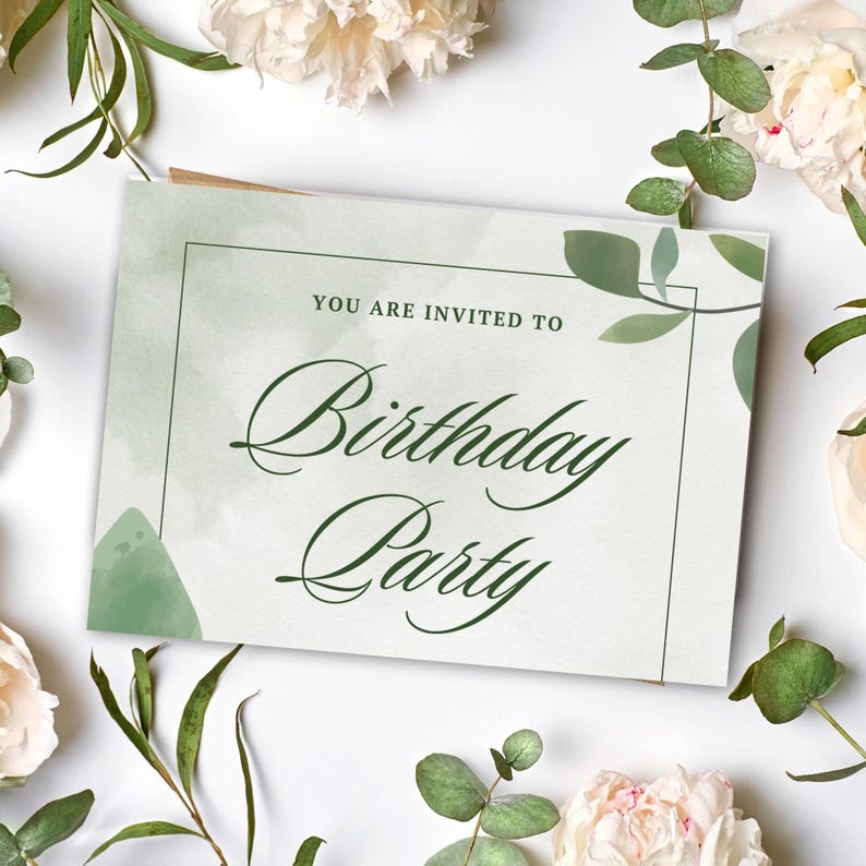 Green Watercolour Birthday Invitation Template - GOLD FOIL - Printable ...