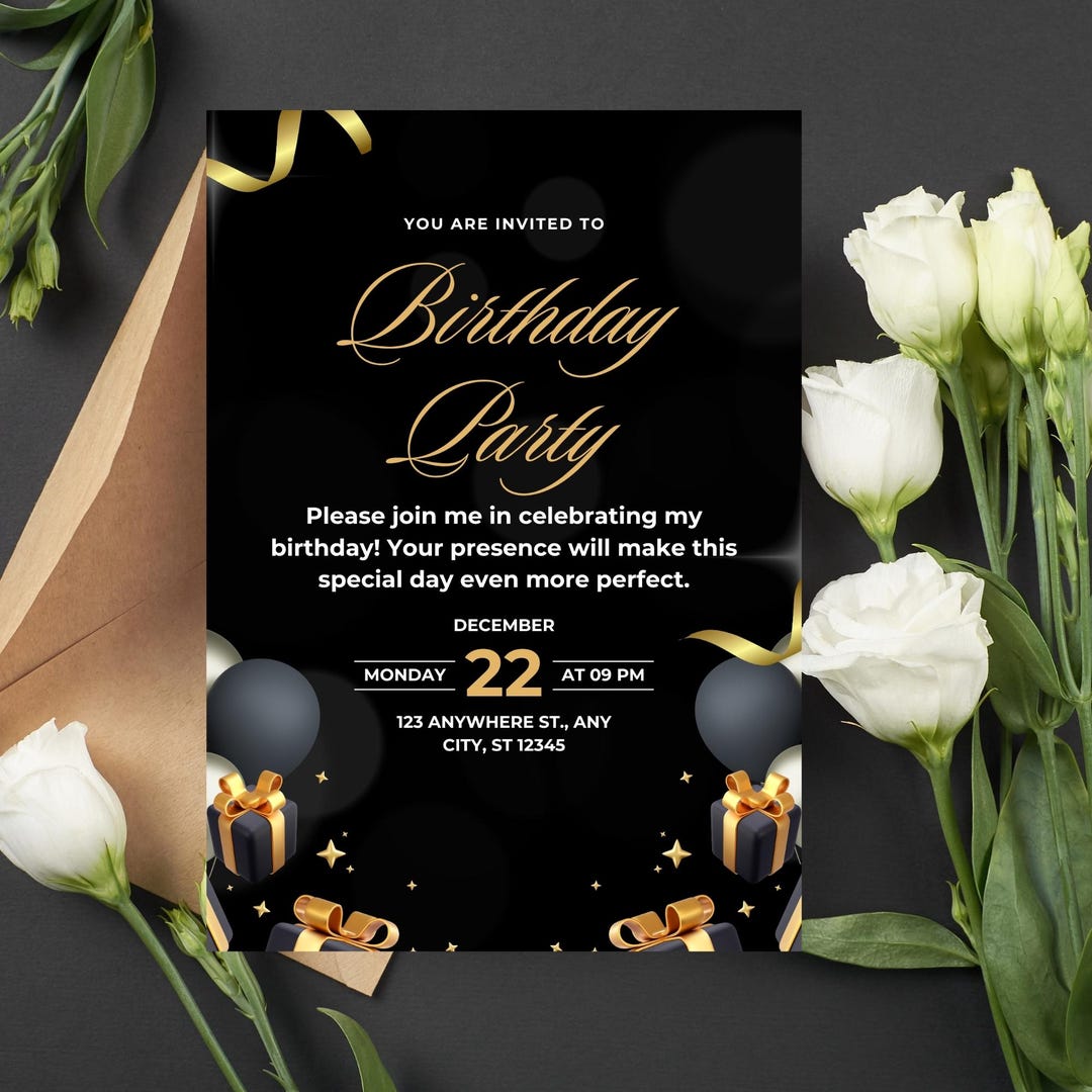 Editable Black Birthday Party Invitation Unique Hand-drawn Design ...