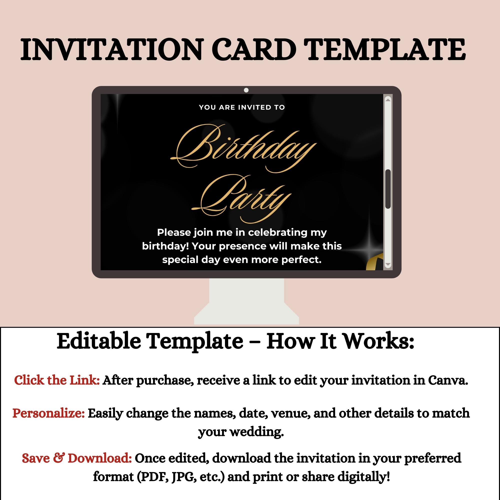 Editable Black Birthday Party Invitation Unique Hand-drawn Design ...