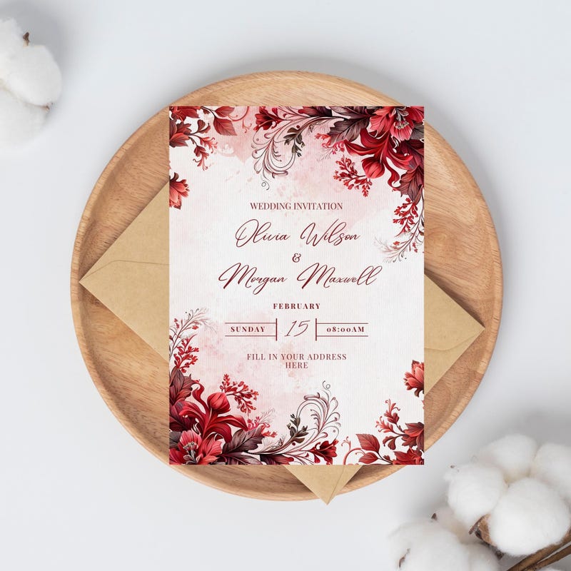 Red Floral Wedding Invitation - Etsy