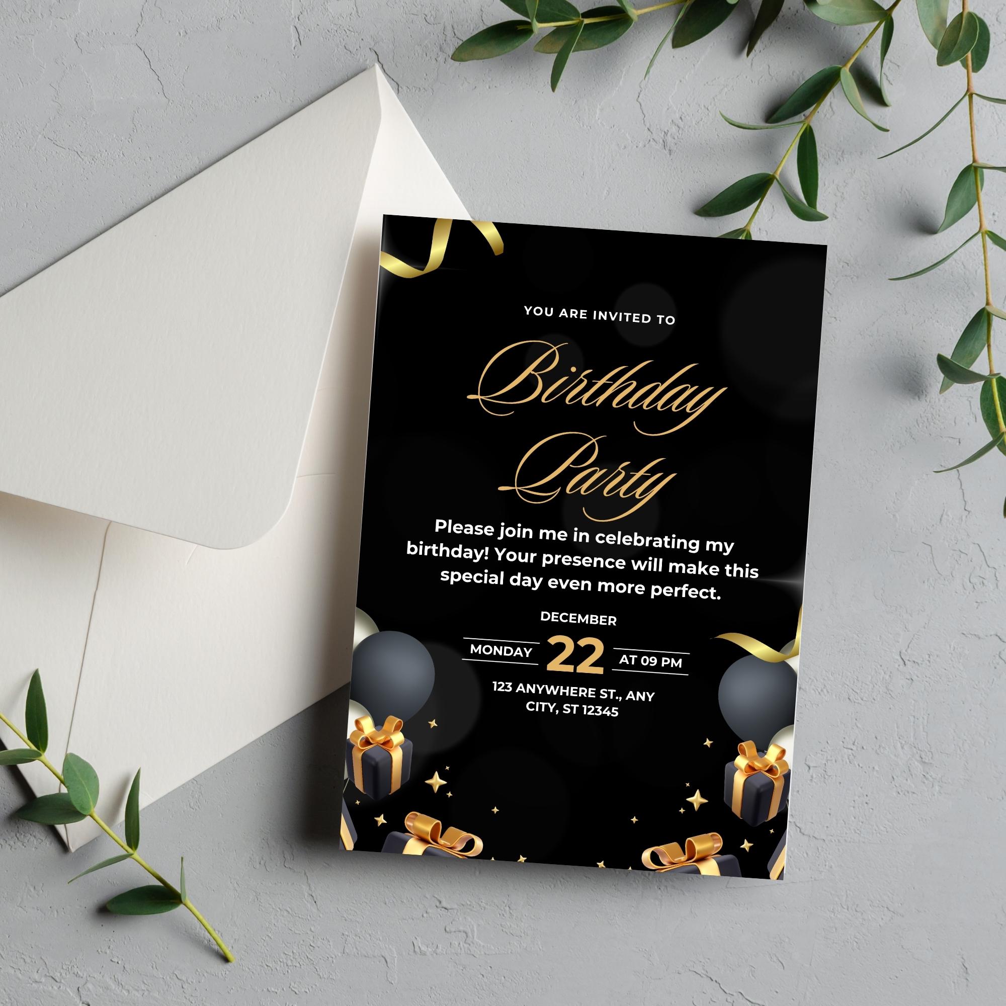 Editable Black Birthday Party Invitation Unique Hand-drawn Design ...