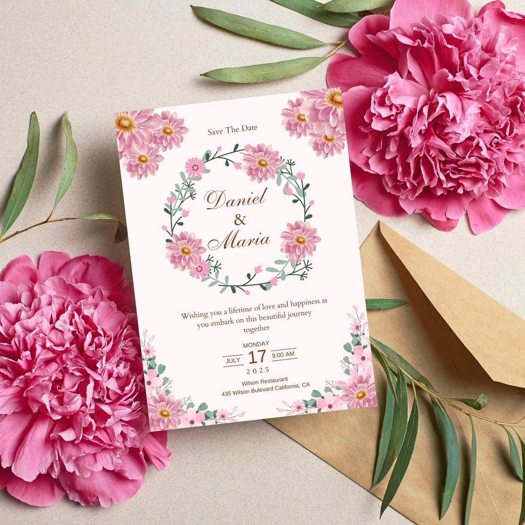 Pink Peony Wedding Invitation Template Elegant Boho Save the Date ...