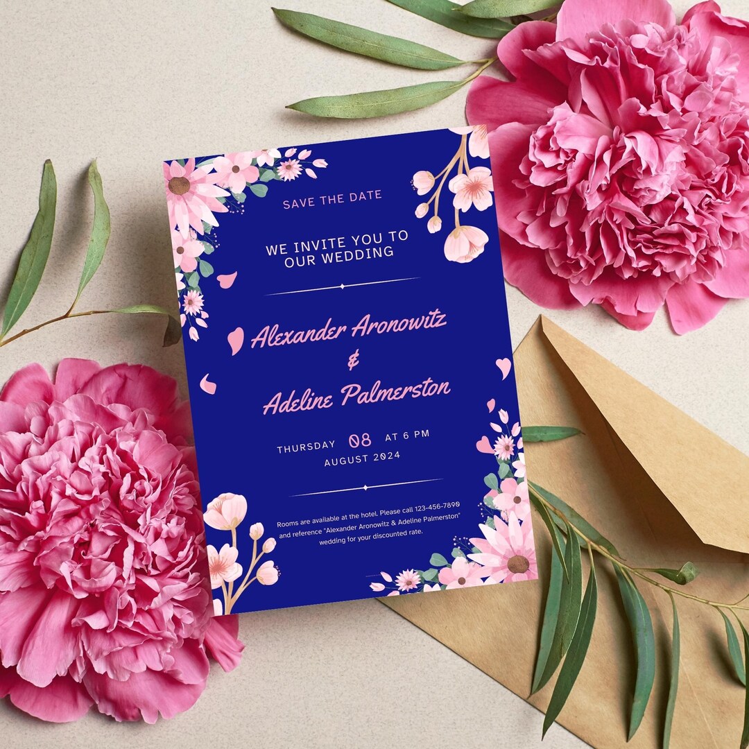 Editable Blue Floral Wedding Invitation Navy Pink Roses INSTANT ...