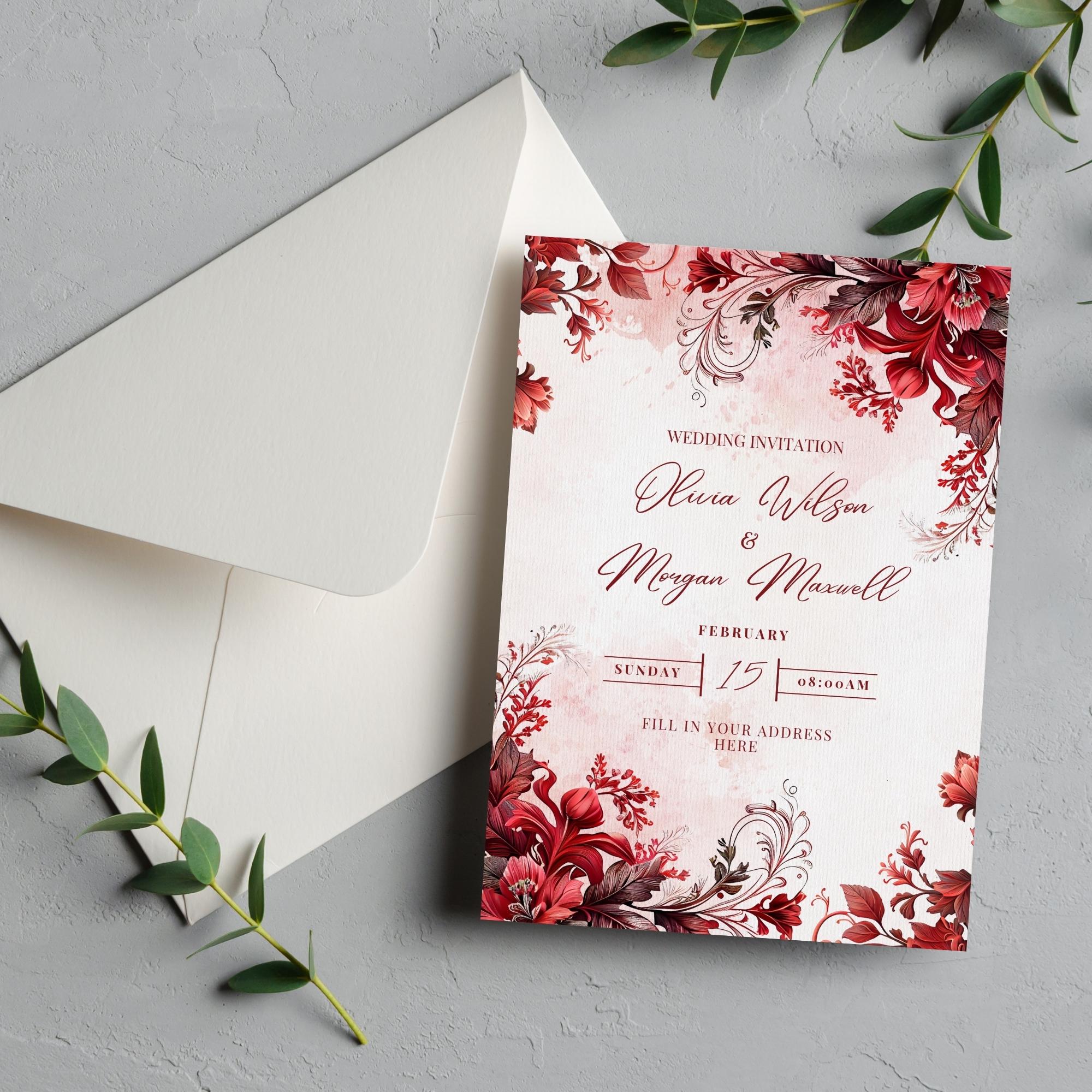 Red Rose Wedding Invitation Set Editable Template With RSVP Details ...