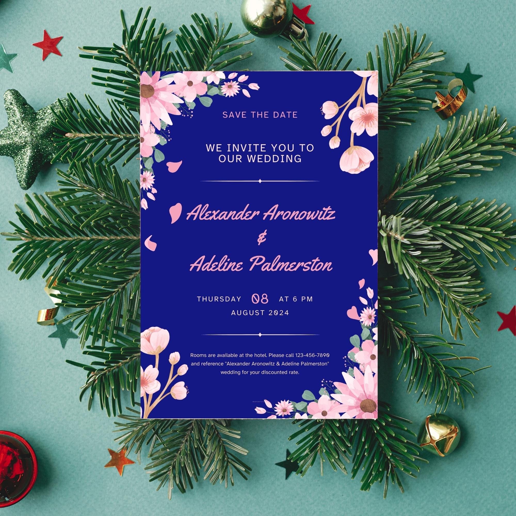 Editable Blue Floral Wedding Invitation Navy Pink Roses INSTANT ...