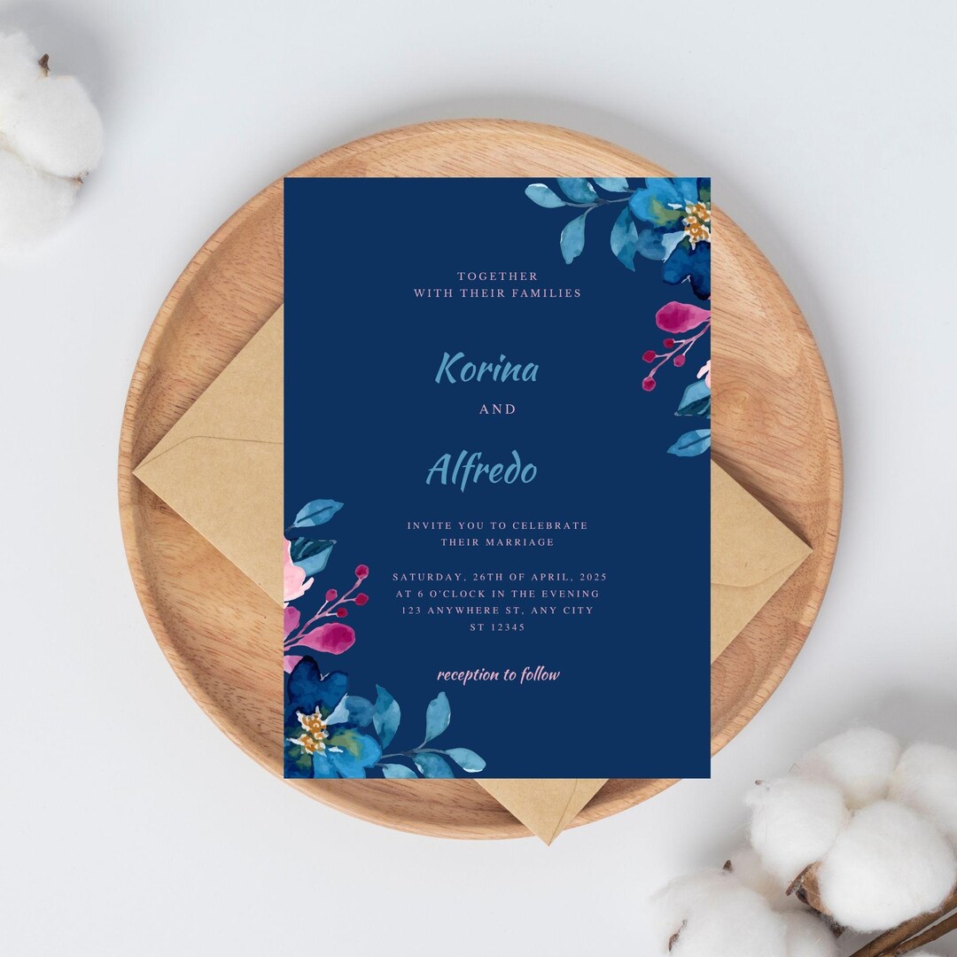 Blue Floral Wedding Invitation Template Delft Blue Wildflowers Invite ...