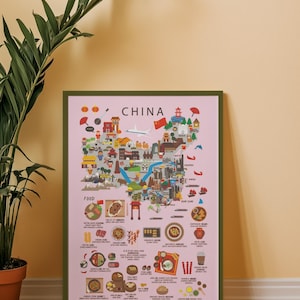 China Kids Poster Pink – Colorful & Fun Map With Chinese Foods for ...