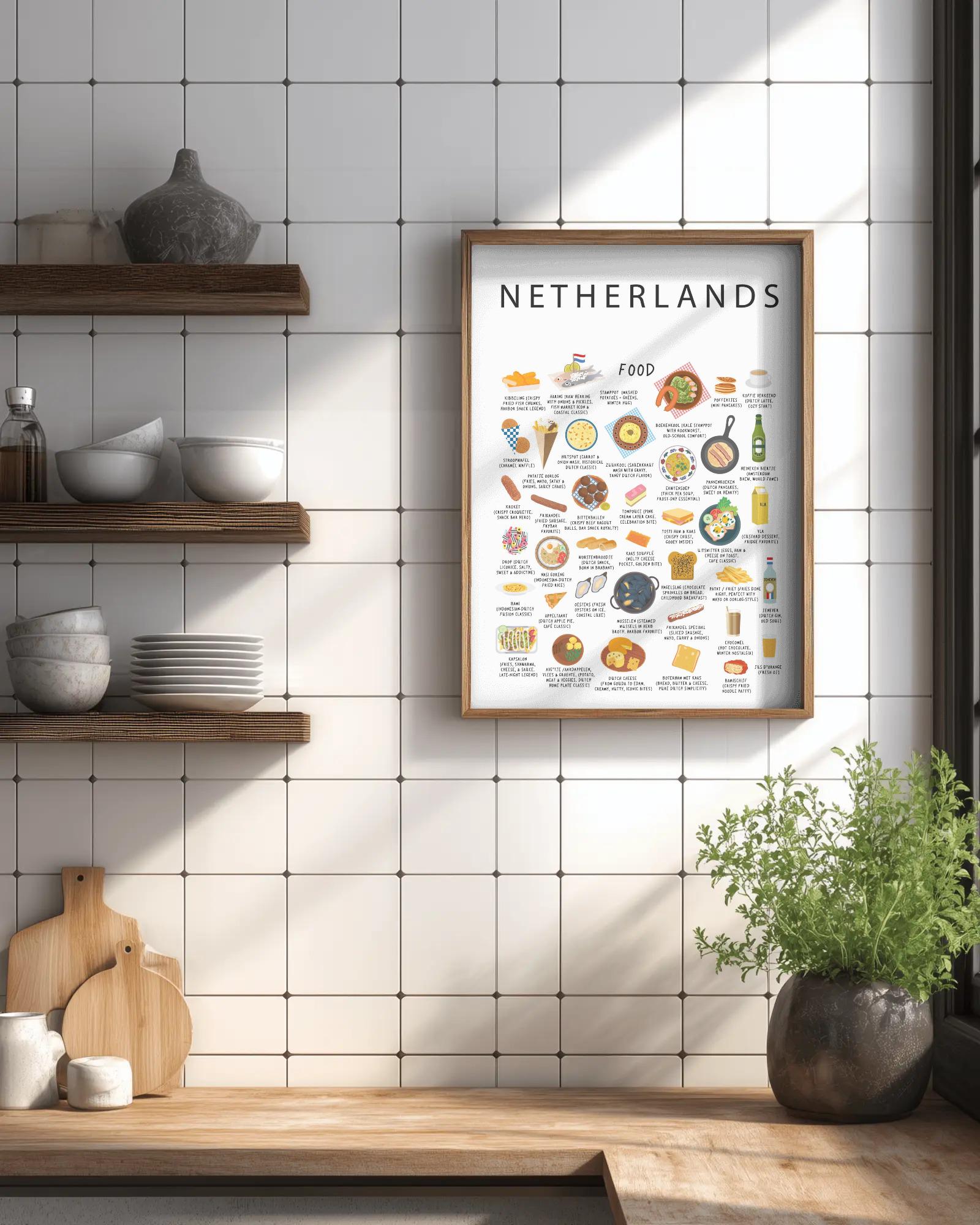 Netherlands Food Poster White – Stroopwafels, Herring and Cheese, Dutch ...