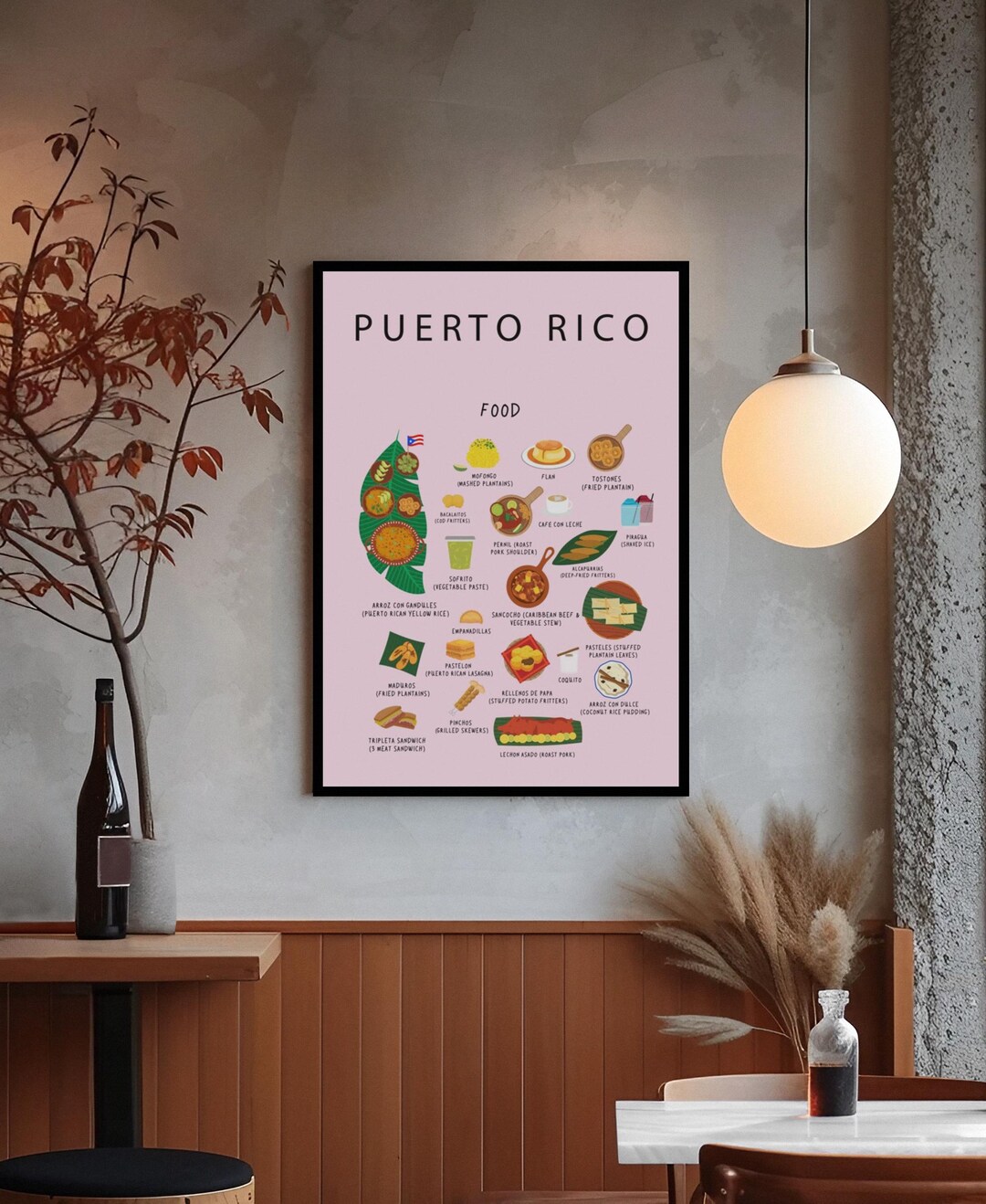 Puerto Rican Food Poster Pink | Traditional Caribbean Cuisine Wall Art ...