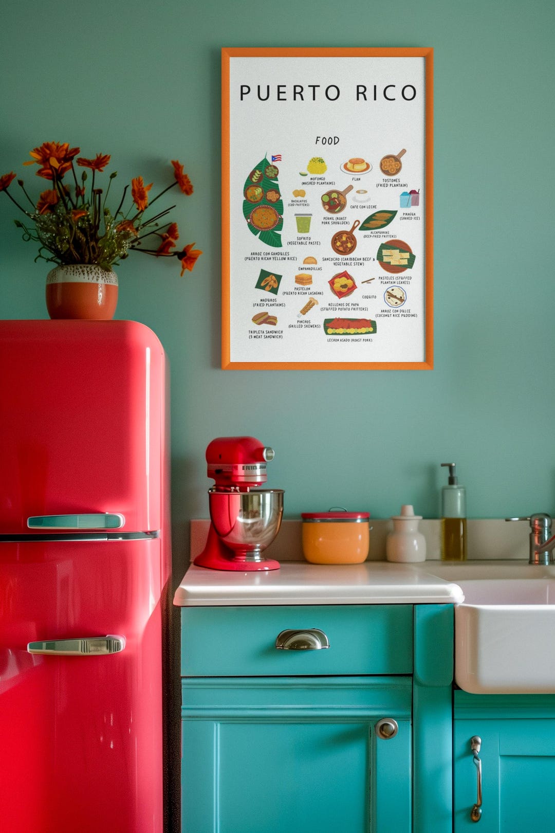 Puerto Rican Food Poster White | Caribbean Cuisine Wall Art | Kitchen ...