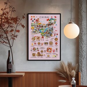 China Kids Poster Pink – Colorful & Fun Map With Chinese Foods for ...