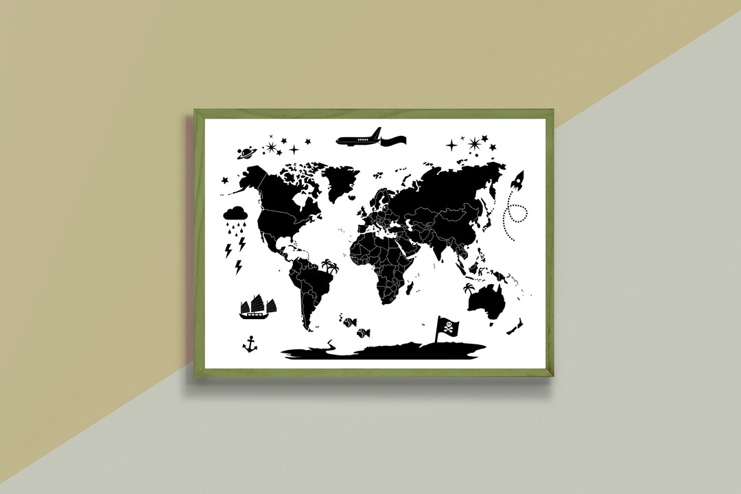 World Map Pirate | Black - White | Digital | Educational | Nursery Room ...