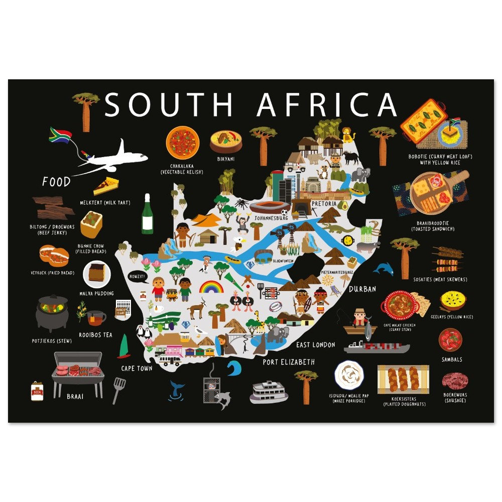 South Africa Kids Poster | Illustrated Map With Landmarks, Wildlife ...