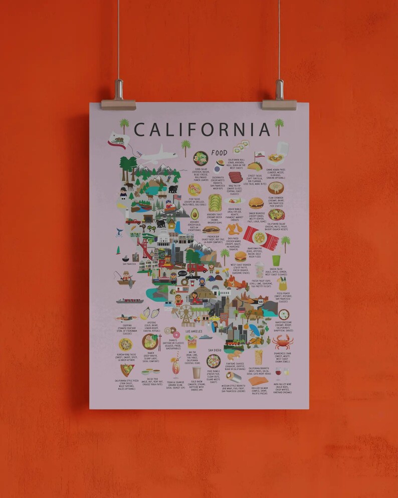 California Kids Map Poster – Landmarks, Food & Culture Educational Art ...