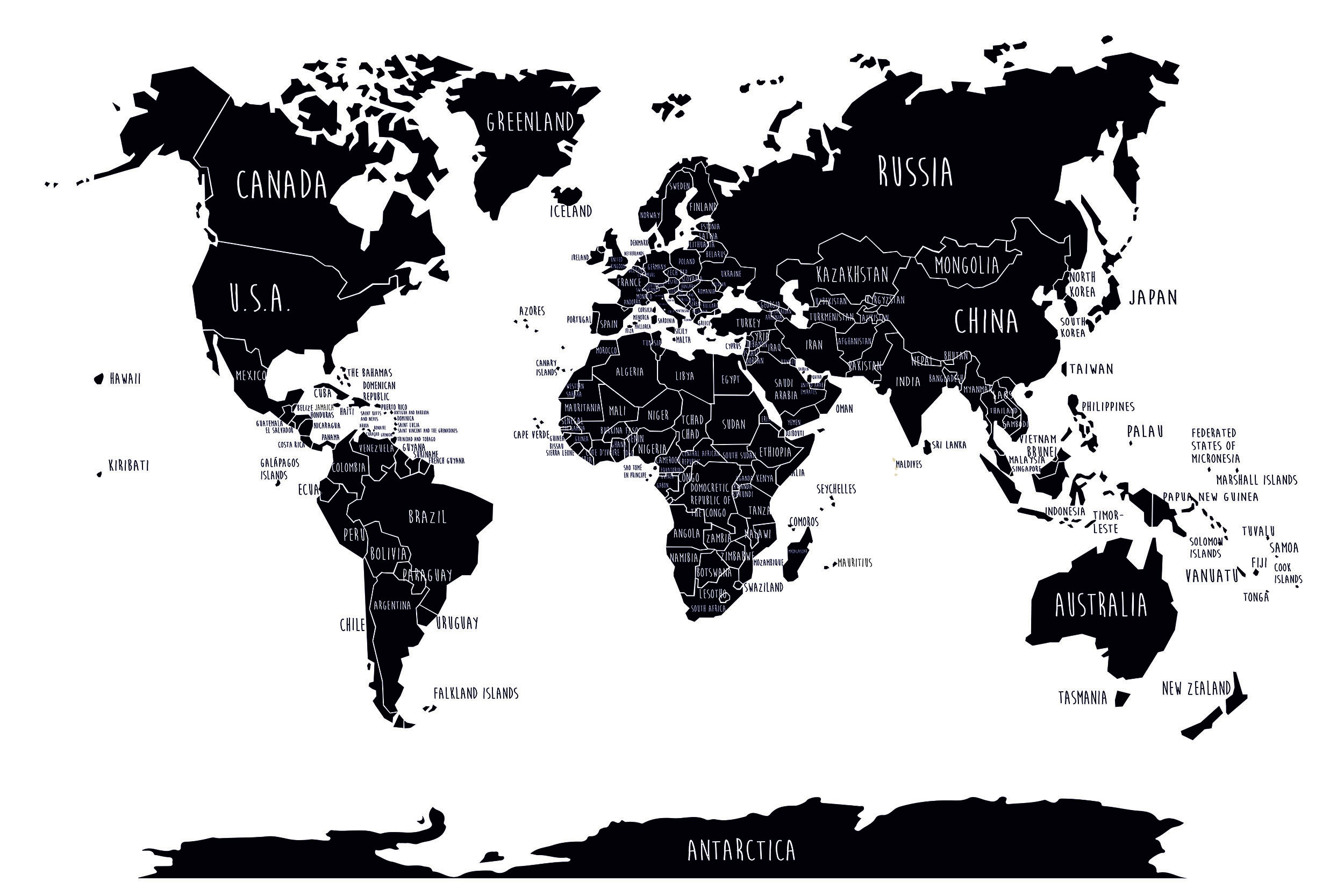 World Map With Country Names | Black - White | Digital | Educational ...