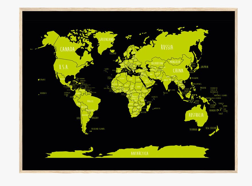World Map With Country Names | Neon Yellow Green | Digital ...