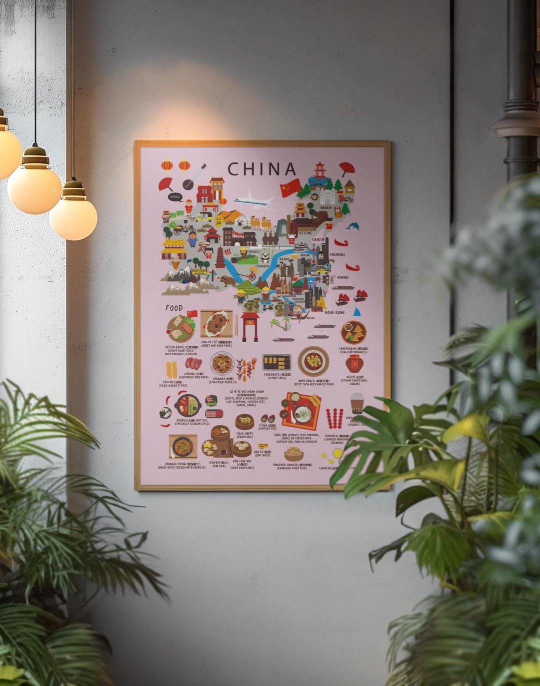 China Kids Poster Pink – Colorful & Fun Map With Chinese Foods for ...