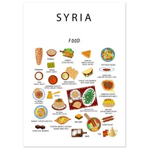Syrian Food Poster White | Traditional Middle Eastern Cuisine Wall Art ...