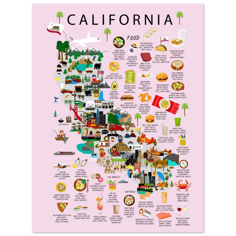 California Kids Map Poster – Landmarks, Food & Culture Educational Art ...