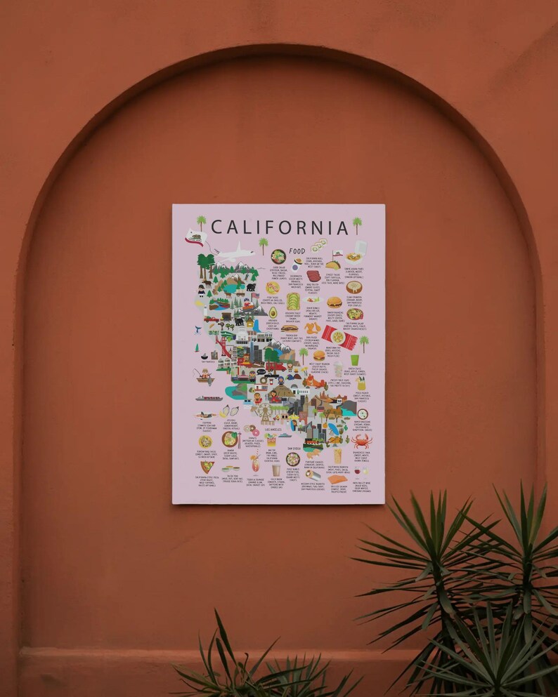 California Kids Map Poster – Landmarks, Food & Culture Educational Art ...