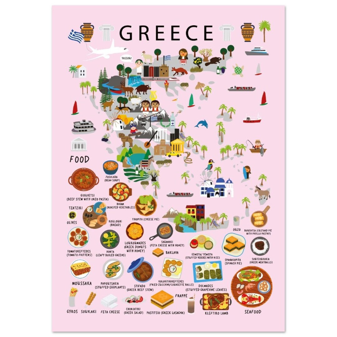 Kids Poster Greece Pink | Paper | Educational | World Map | Travel ...