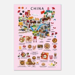 China Kids Poster Pink – Colorful & Fun Map With Chinese Foods for ...