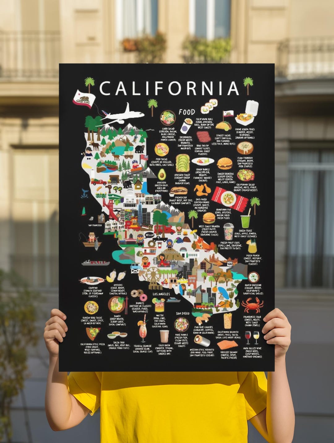 California Kids Map Poster – Educational Landmarks & Food Art - Etsy