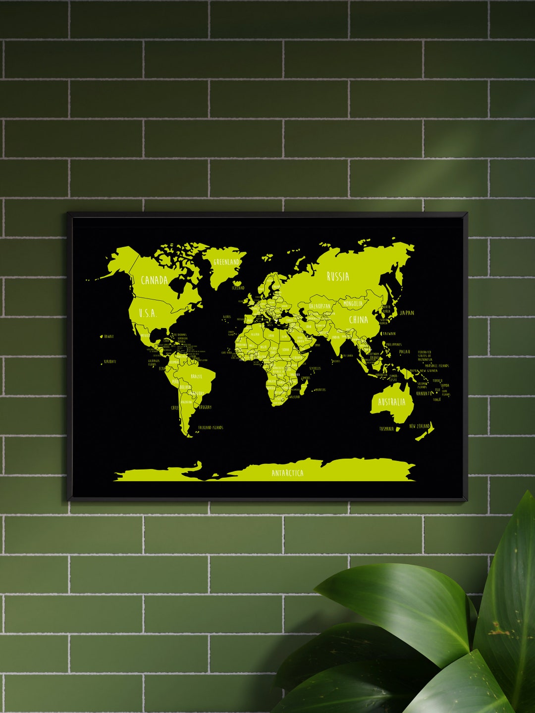 World Map With Country Names | Neon Yellow Green | Digital ...