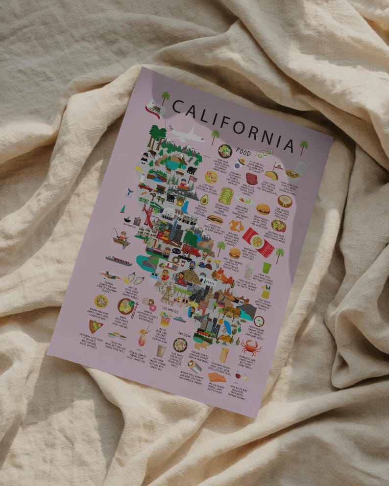 California Kids Map Poster – Landmarks, Food & Culture Educational Art ...