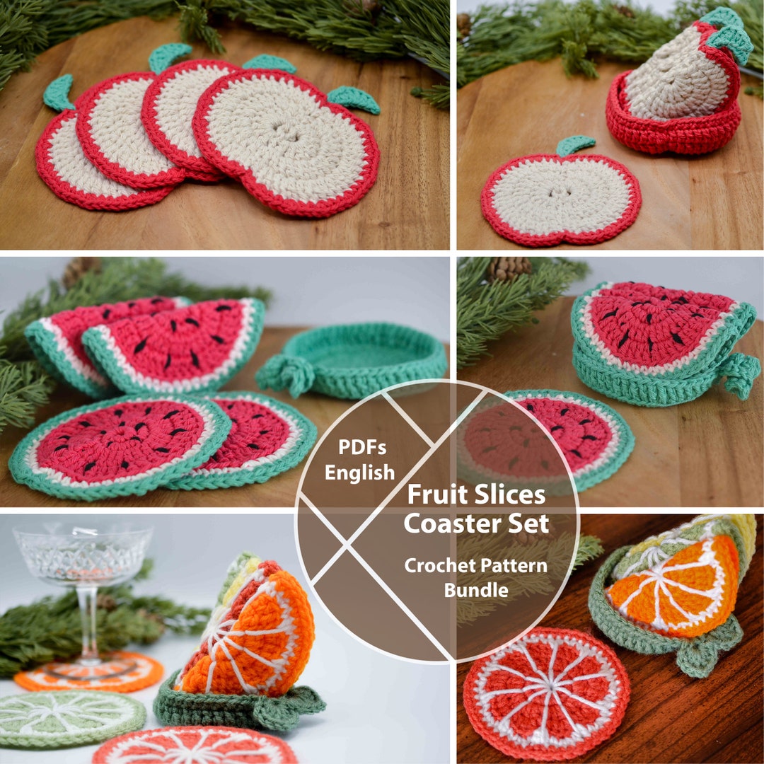 Crochet Pattern Bundle, Fruit Slices Coaster Sets: Apple, Citrus Fruits ...