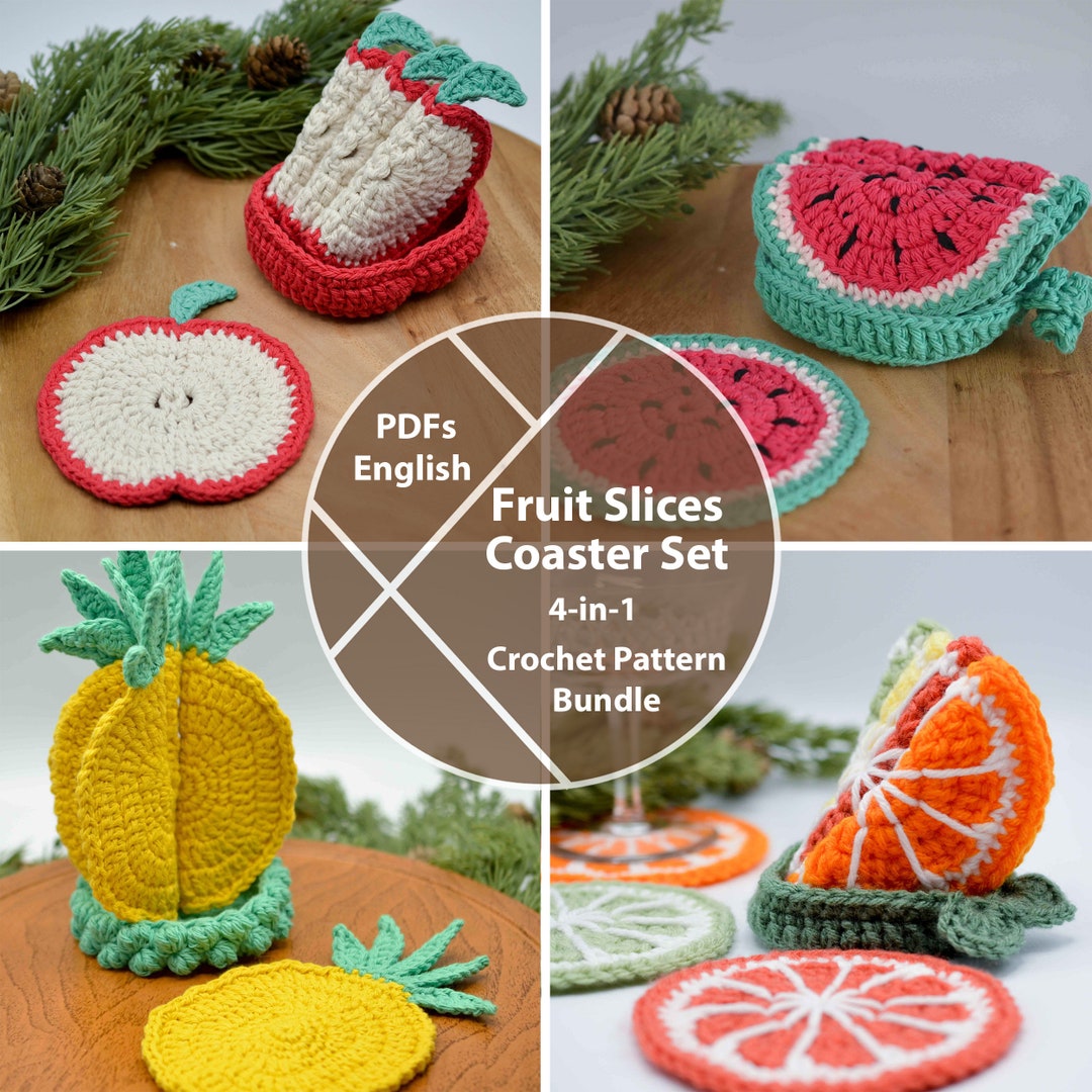 Fruit Slices Coaster Crochet Pattern Bundle, Apple, Citrus, Watermelon ...