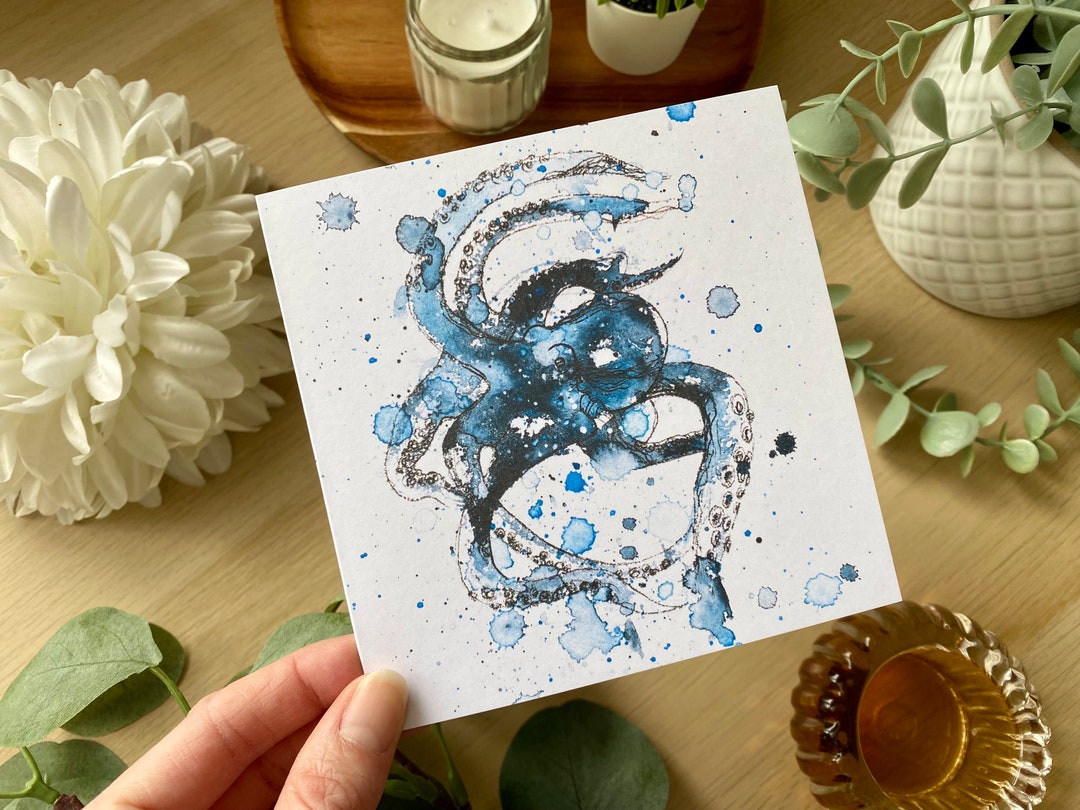 Octopus Watercolour Greetings Card, Hand-painted Sea-life Art Card for ...