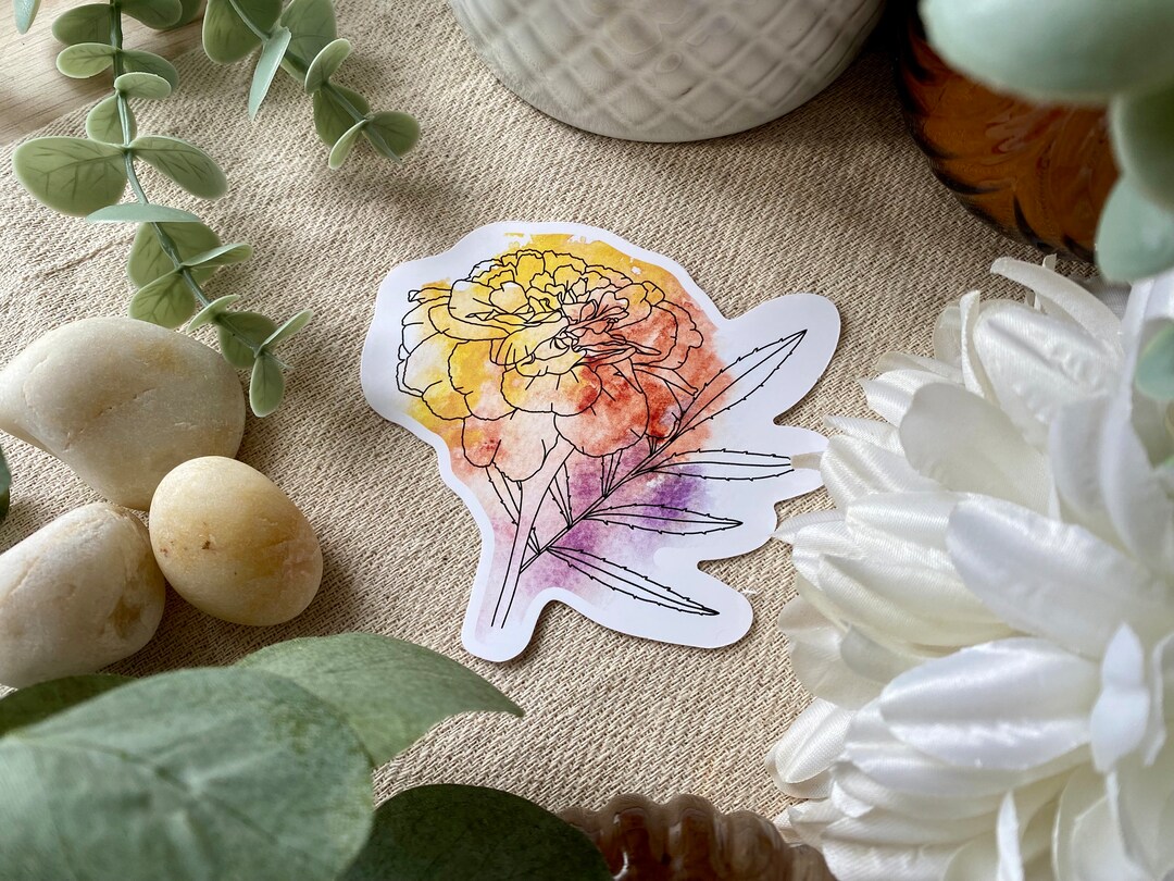Marigold Watercolour Sticker, Water Bottle Vinyl Decal, Flower Art ...
