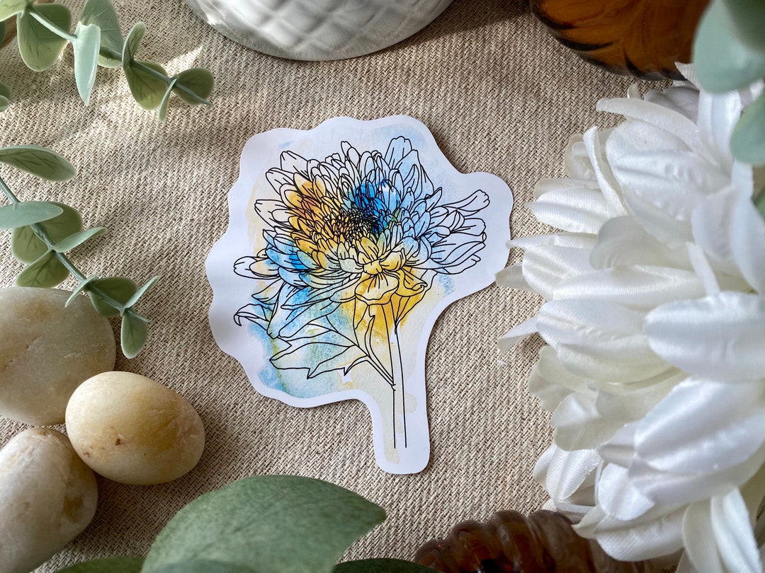 Chrysanthemum Watercolour Sticker, Water Bottle Vinyl Decal, Flower Art ...